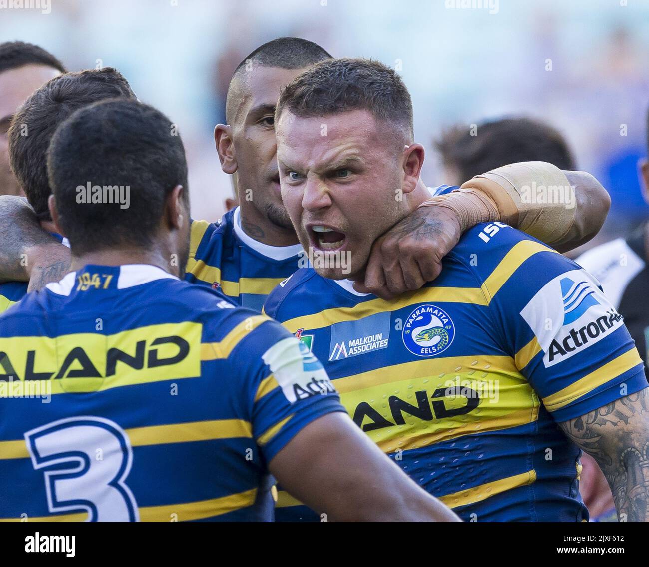 Nathan Brown of the Eels reacts after making a strong tackle during the ...