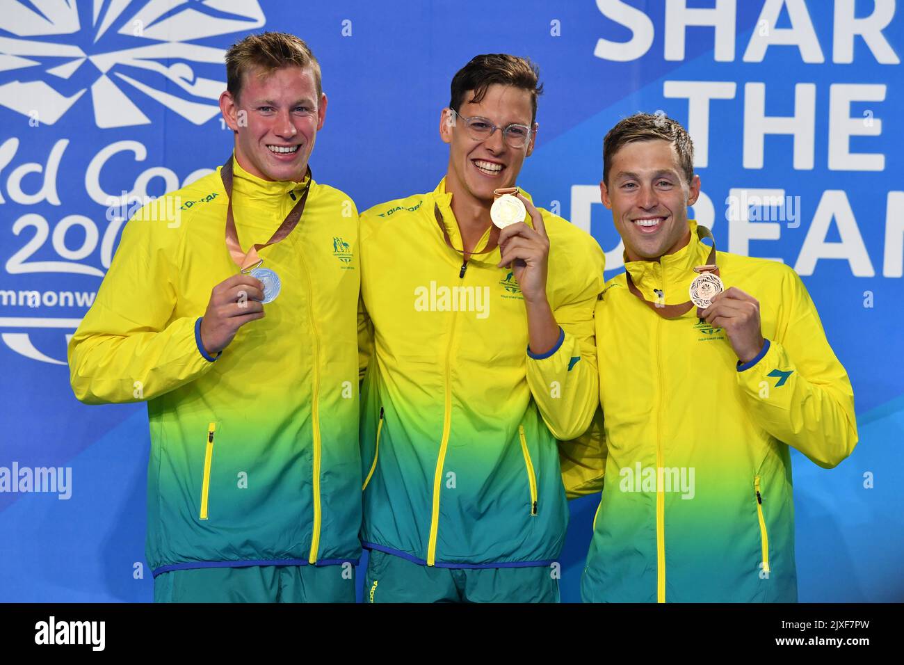 (L-R) Silver medalist Bradley Woodward, gold medalist Mitch Larkin and ...