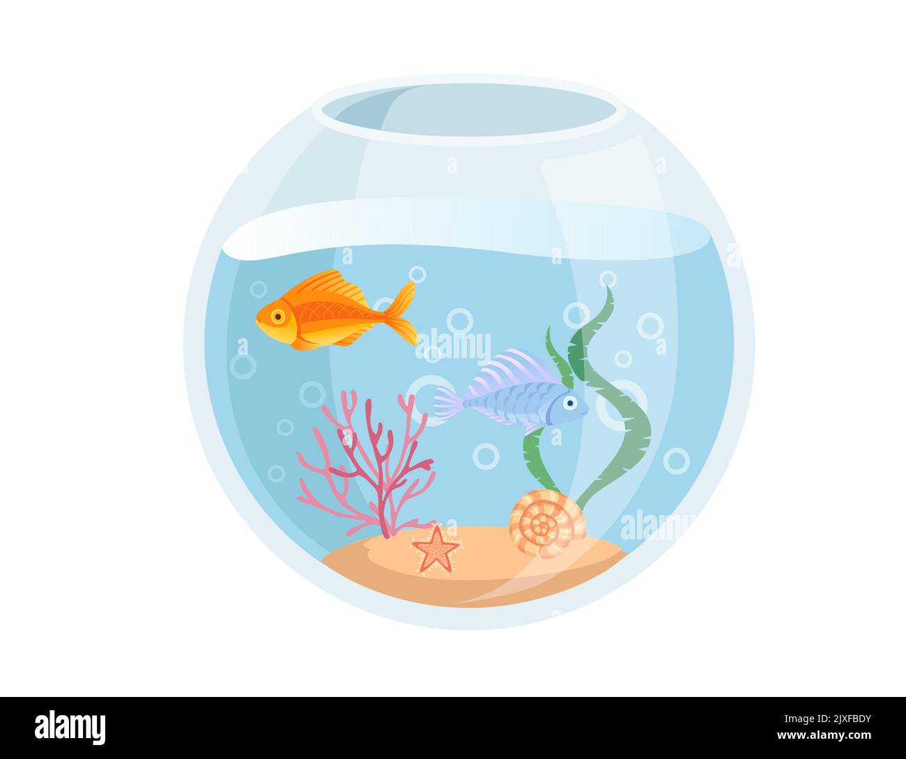 Fishbowl aquarium with water golden fish, sand, corals and shell vector ...
