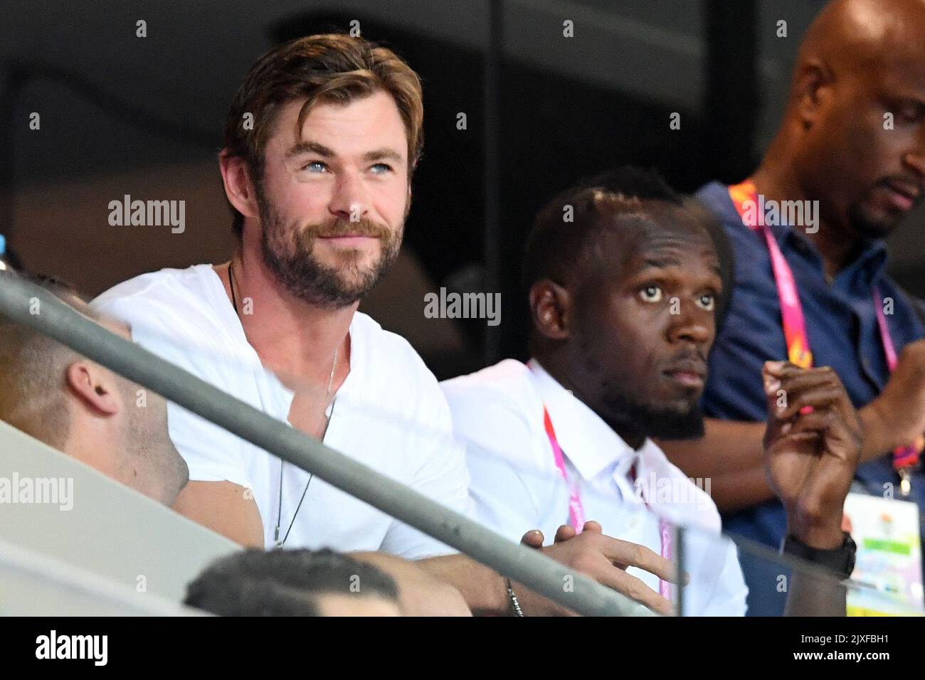 Actor Chris Hemsworth (left) and Jamaican athlete Usain Bolt are seen ...