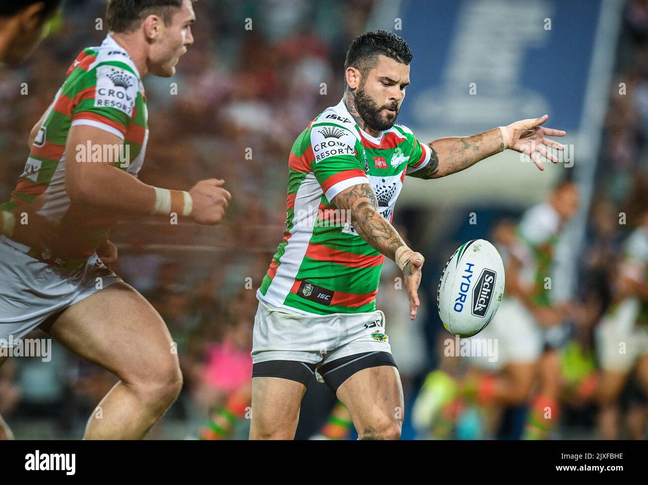 Adam Reynolds for the Rabbitohs kicks for touch the during the Round 6 ...