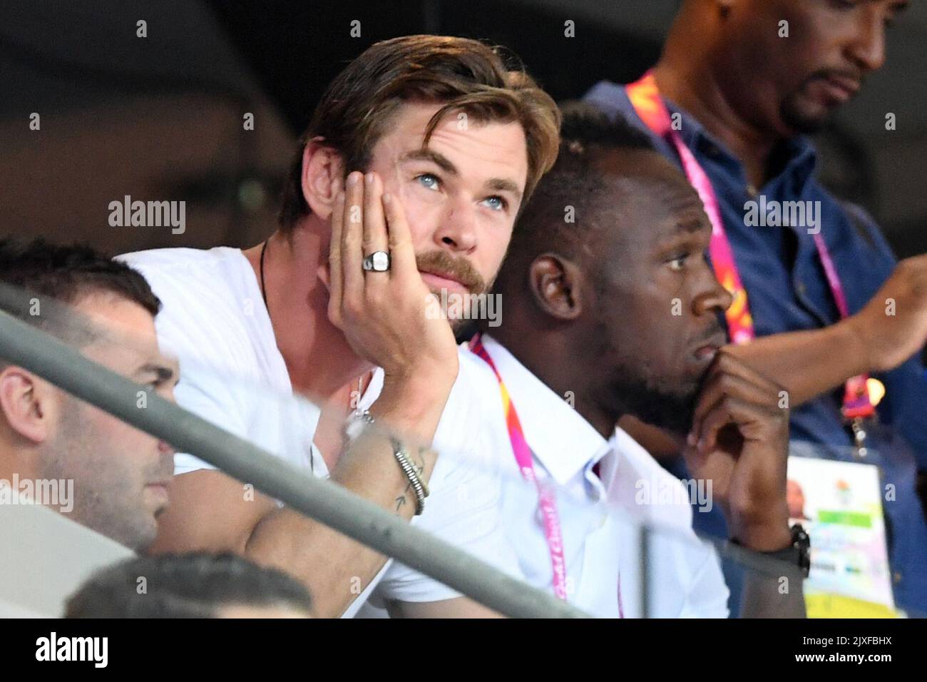 Actor Chris Hemsworth (left) and Jamaican athlete Usain Bolt watch the ...