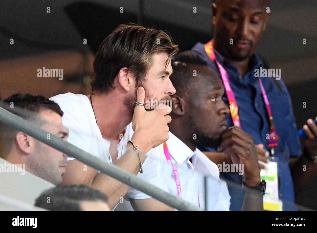Actor Chris Hemsworth (left) and Jamaican athlete Usain Bolt watch the ...