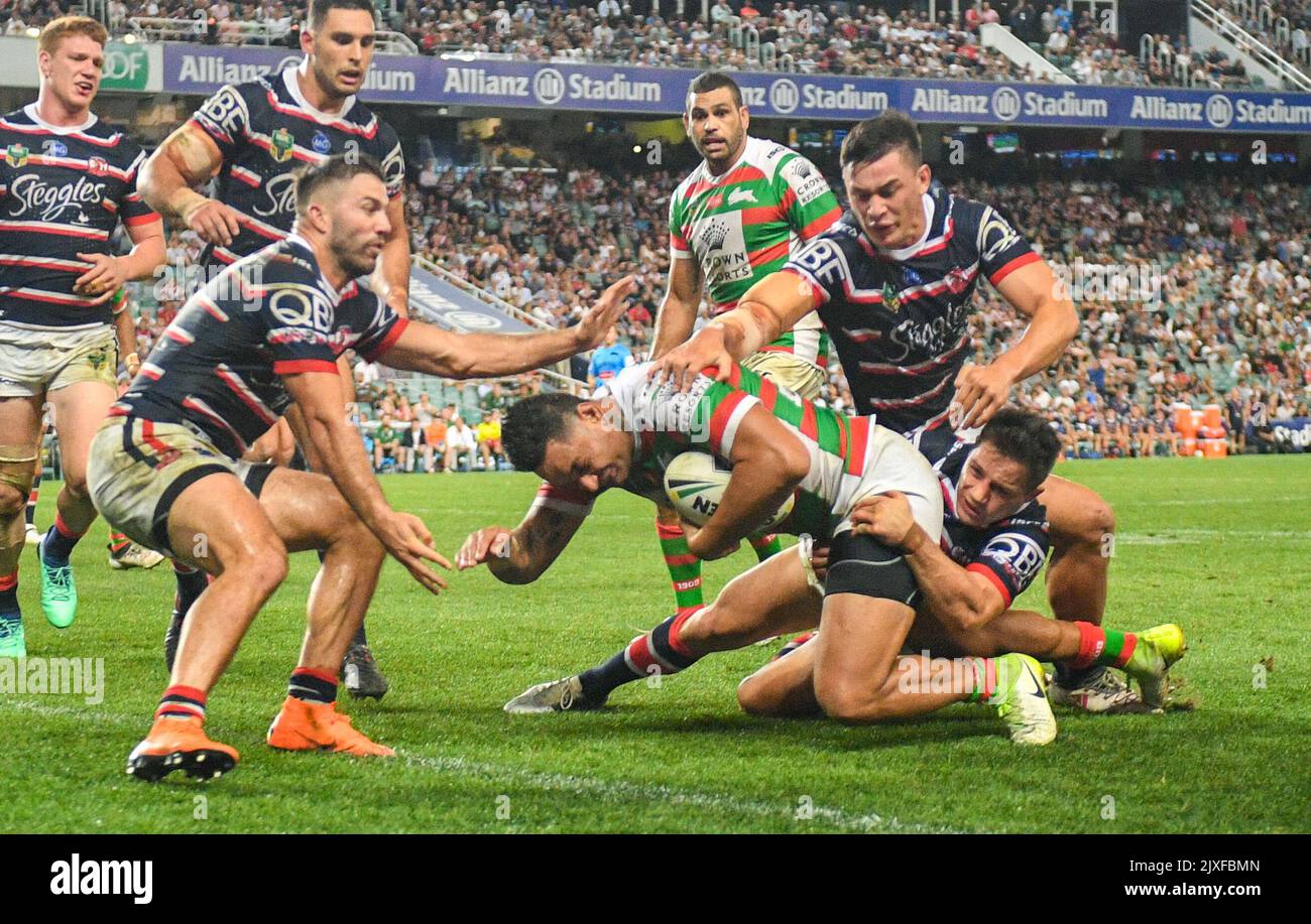 John Sutton (centre) scores for the Rabbitohs during the Round 6 NRL ...