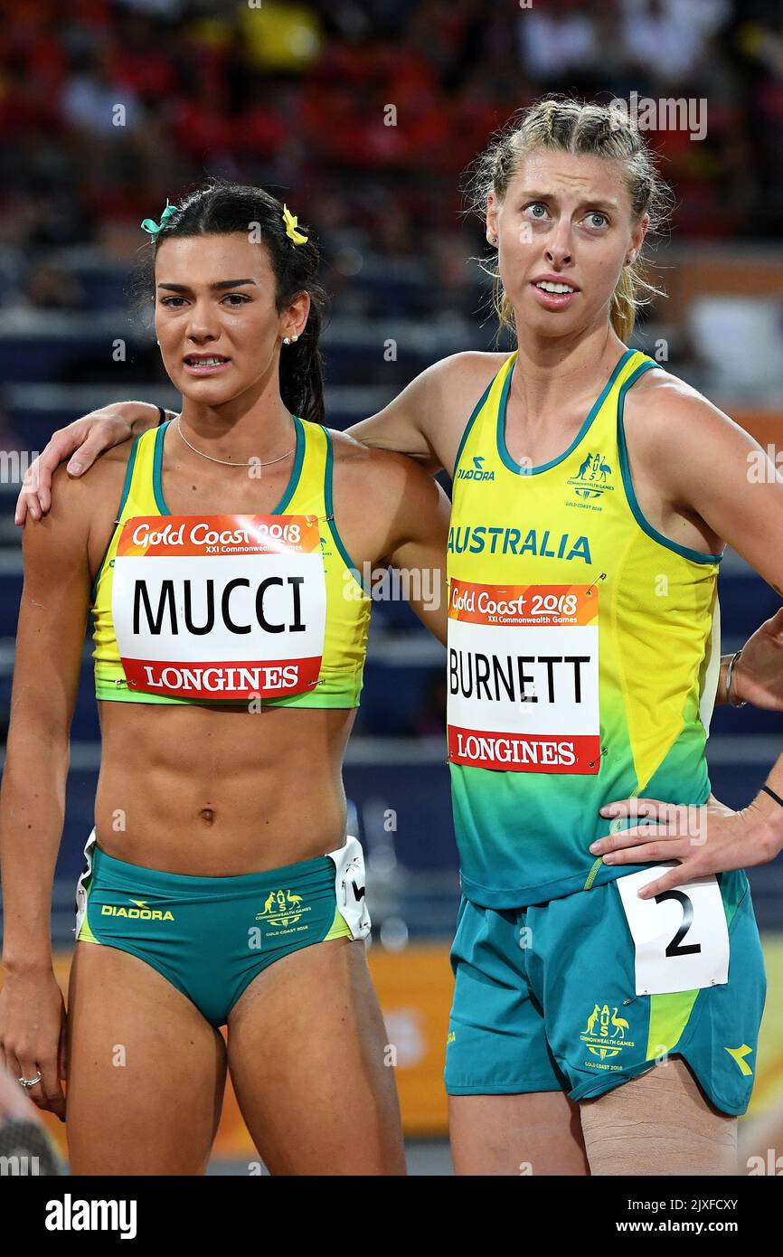 Celeste Mucci and Alysha Burnett react following the Women's Heptathlon ...