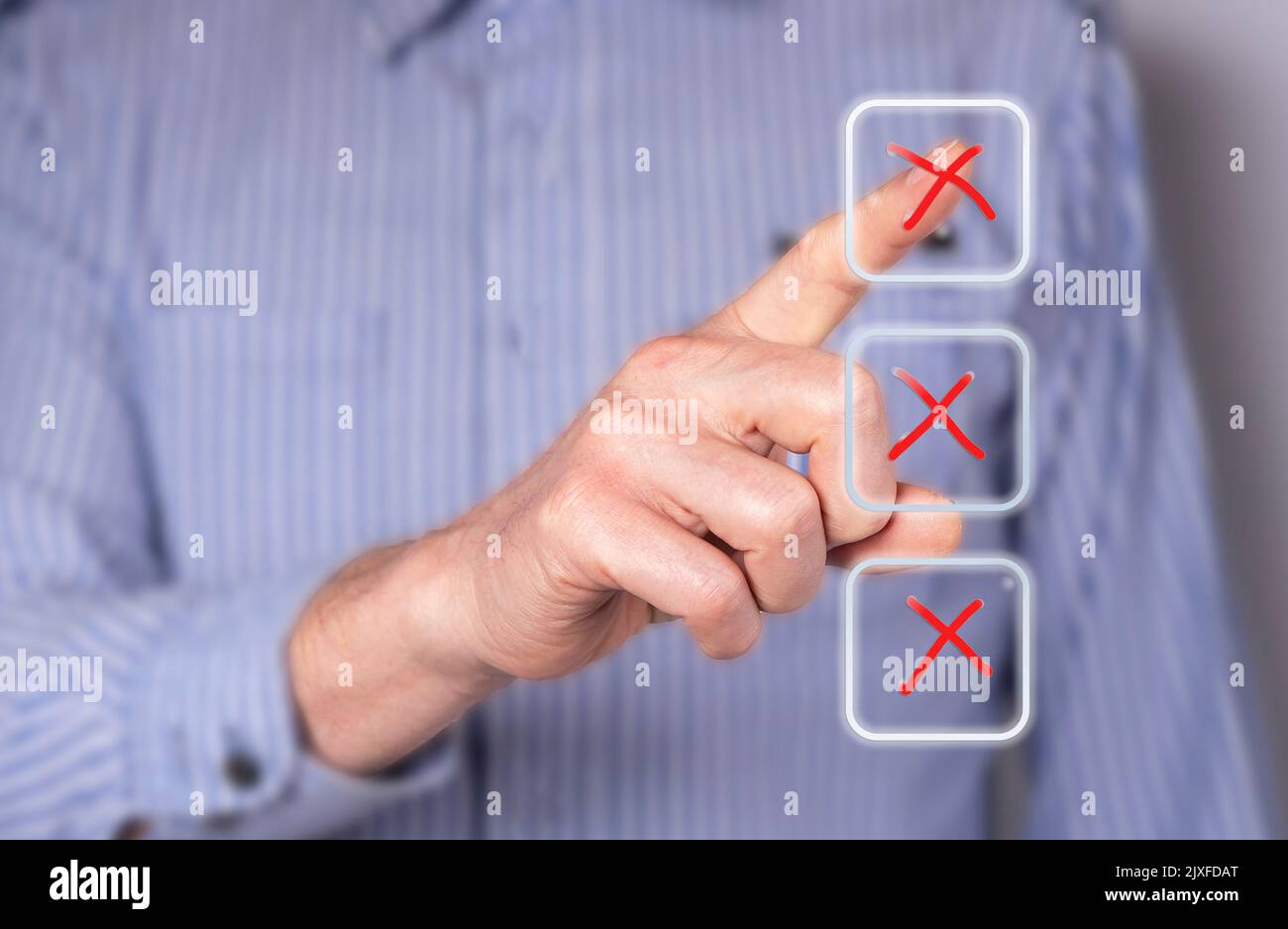 Man choosing wrong answer at digital screen with cross. Businessman ...