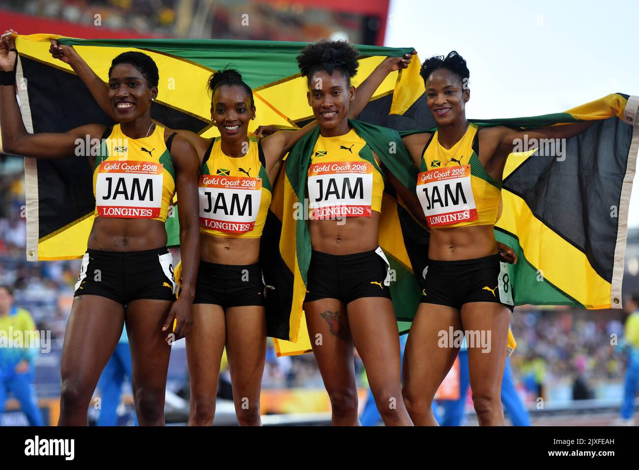 The Jamaican relay team after winning the the Women's 4x400m Relay Final on day ten of the XXI ...