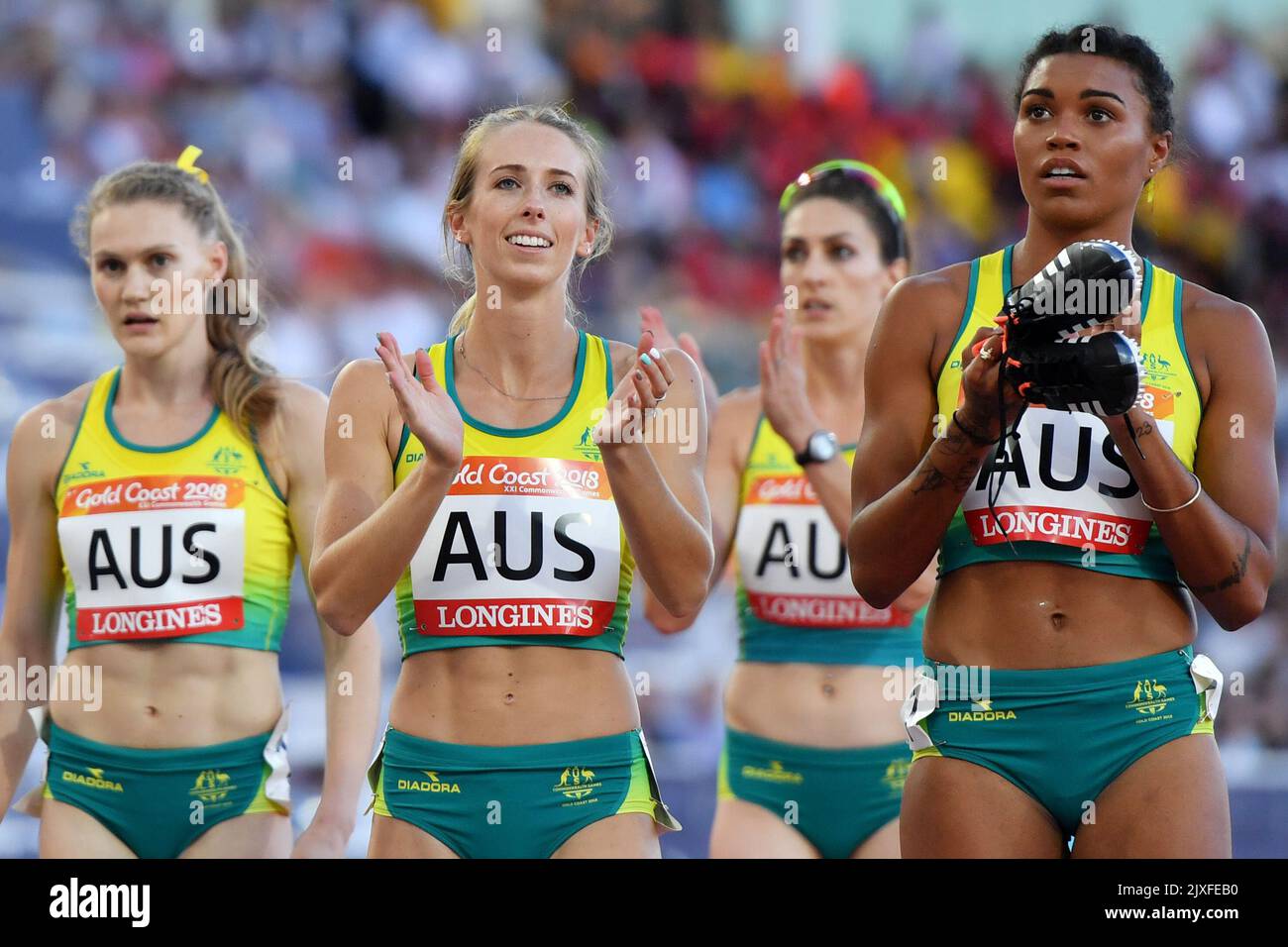 The Australian relay team react after finishing the Women's 4x400m Relay Final on day ten of the ...