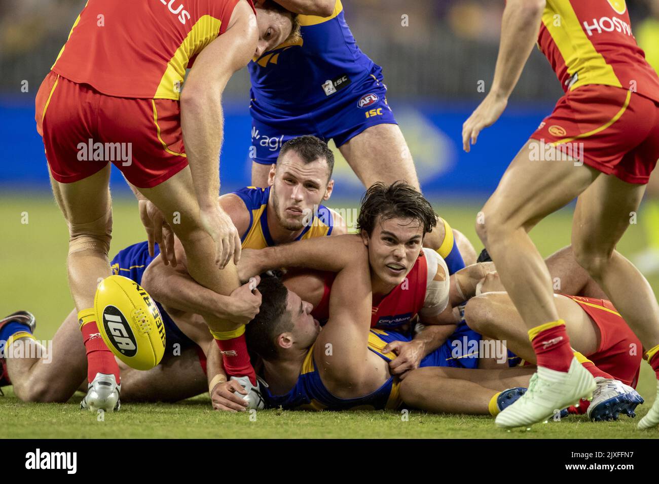West Coast's Daniel Venables and Gold Coast's Jack Bowes during the ...