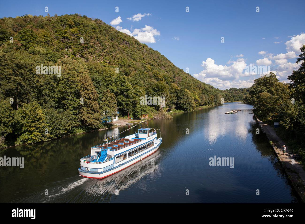 sightseeing boat Freiherr vom Stein on the river Ruhr at lake Hengstey ...