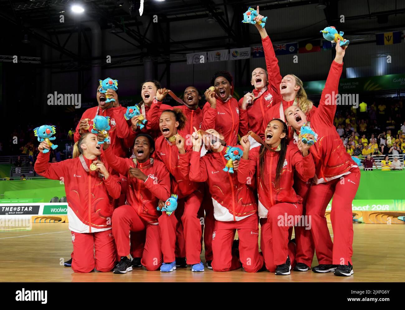 The England team during the medal ceremony for the Netball Gold Medal ...