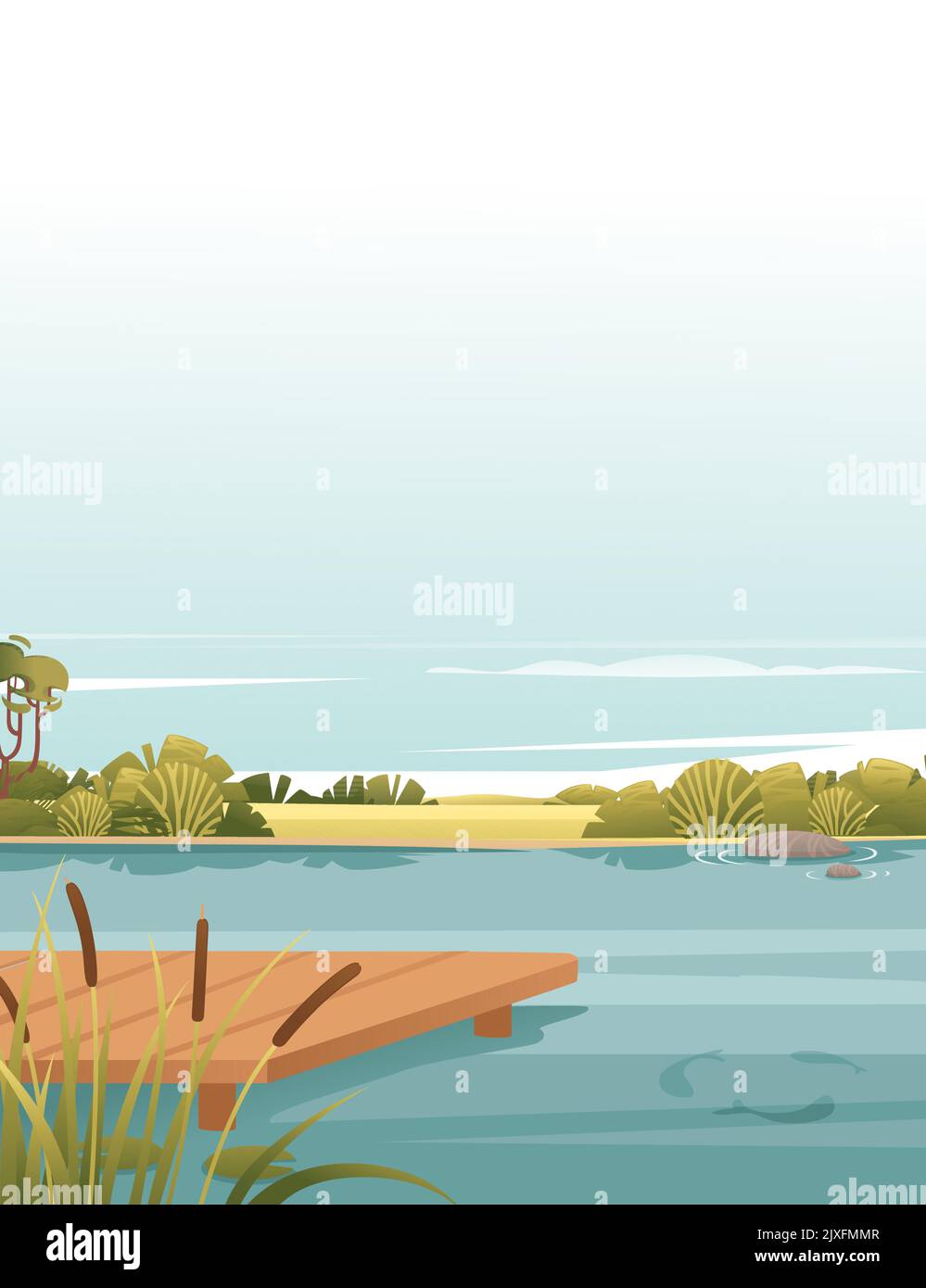 Wooden pier on lake or river landscape with trees and sky vector ...