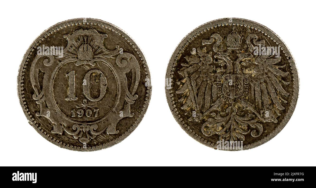 Nickel coin 10 kreuzers of the Austro-Hungarian Empire in 1907 with the ...