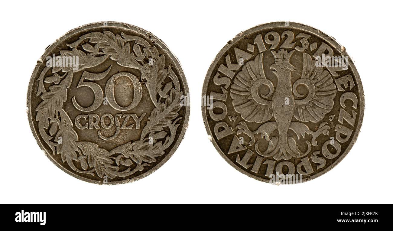 A 1923 Polish copper-nickel 50 groszy coin was issued from 1923 to 1949 ...