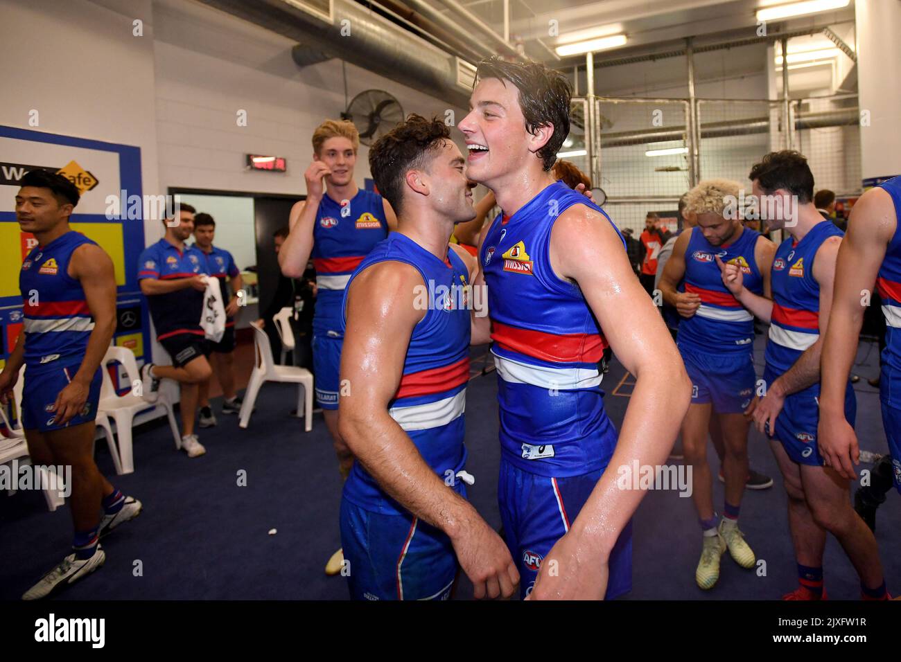 Patrick Lipinski of the Bulldogs (right) celebrate with Luke Dahlhaus ...