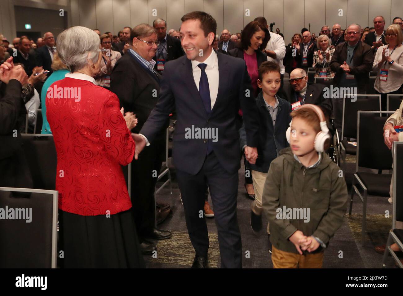 Opposition Leader Matthew Guy arrives with his family to address the ...