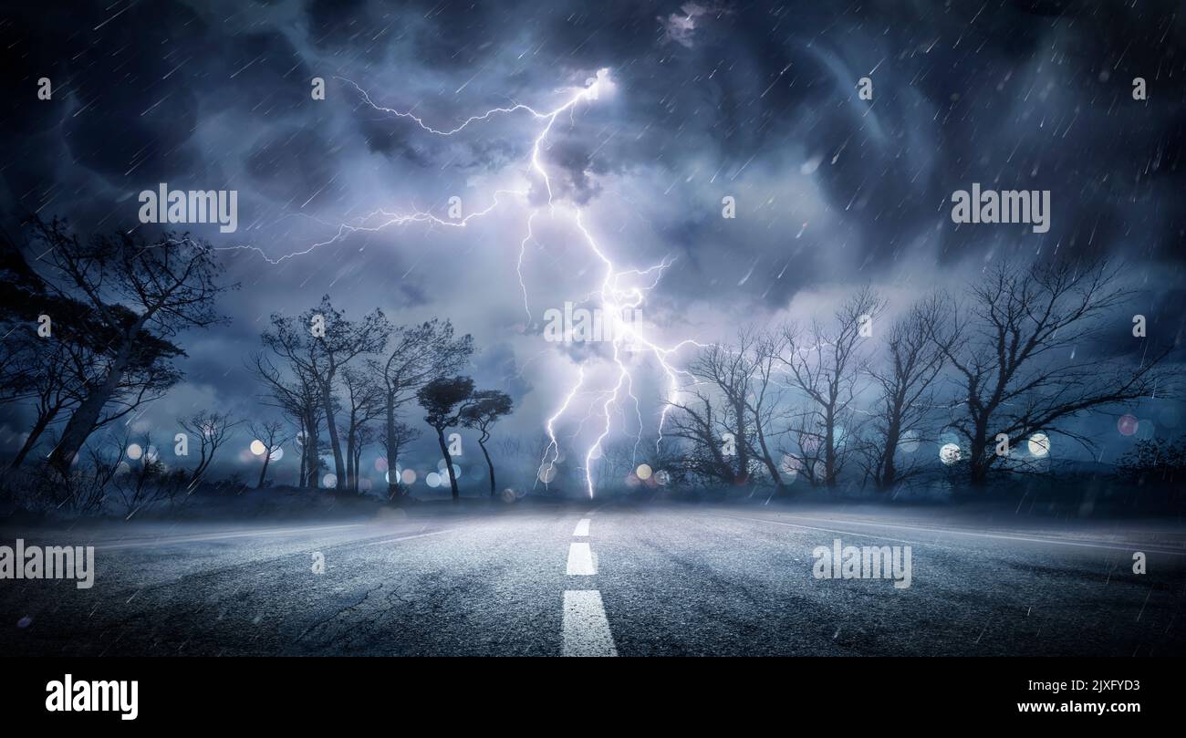 Lightning Thunderstorm Flash In The Storm On Road - Weather Concept ...