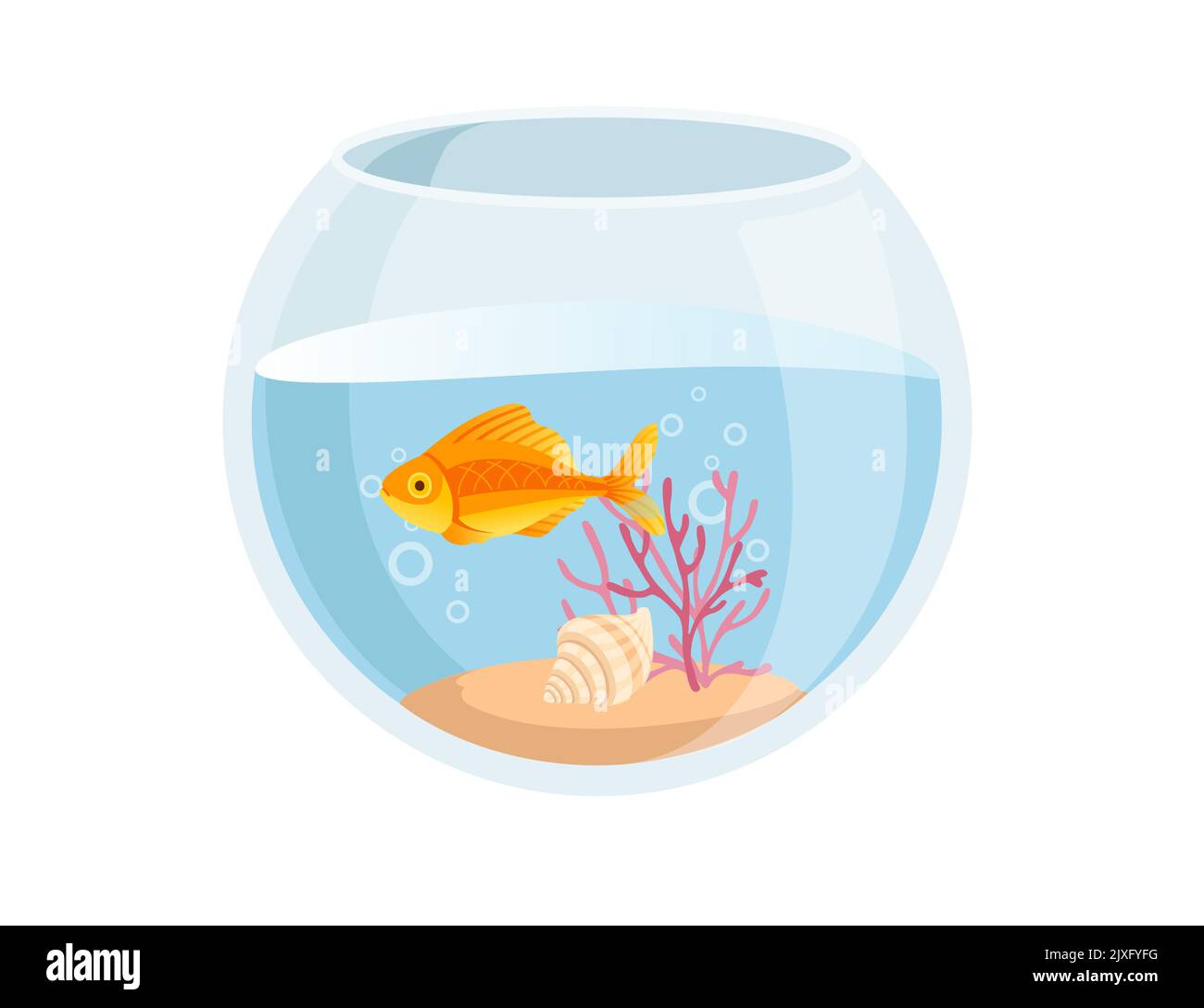 Fishbowl aquarium with water golden fish, sand, corals and shell vector ...