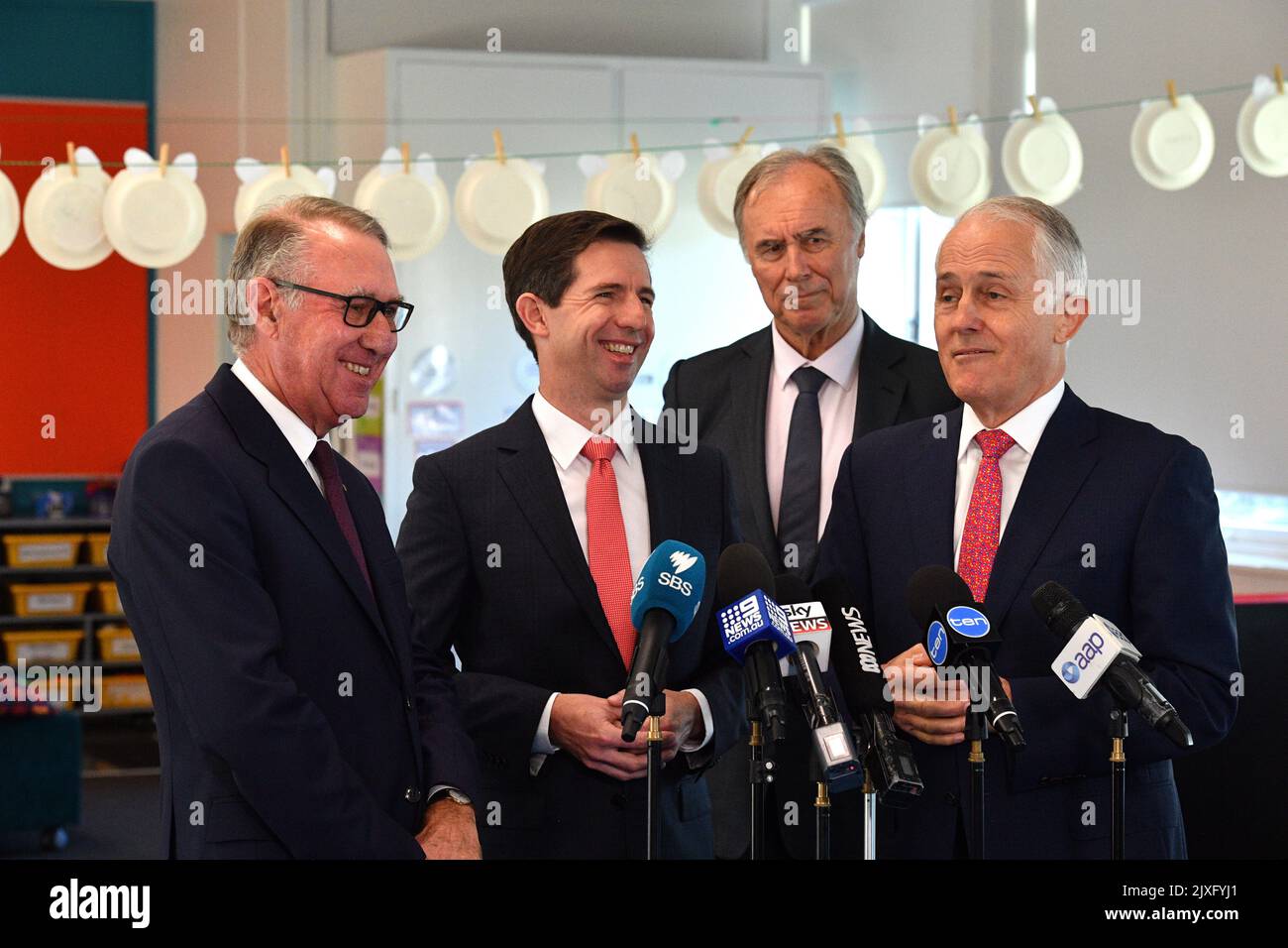 (L-R) Businessman David Gonski, Minister for Education Simon Birmingham ...