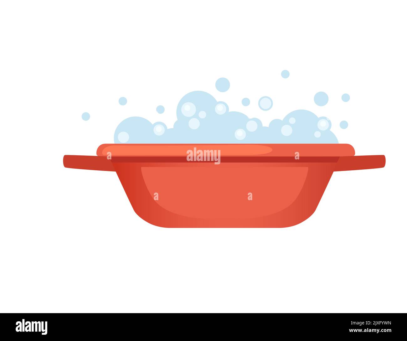 Red plastic basin with soap suds bowl with water and washing detergent ...