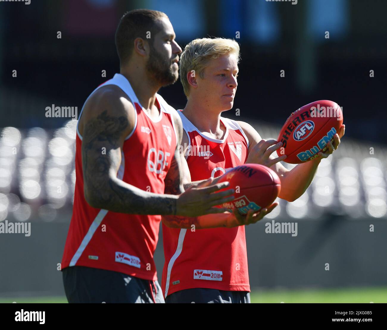 Lance Franklin (left) and Isaac Heeney of the Sydney Swans during a ...