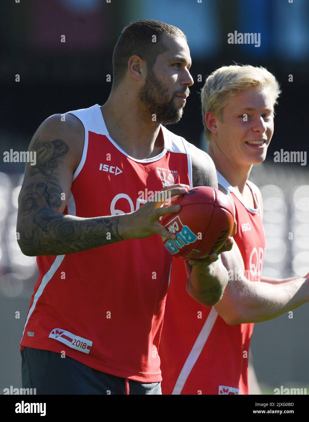 Lance Franklin (left) and Isaac Heeney of the Sydney Swans during a ...
