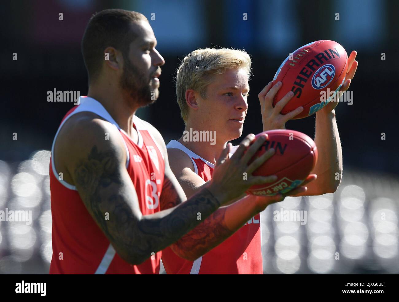 Lance Franklin (left) and Isaac Heeney of the Sydney Swans during a ...