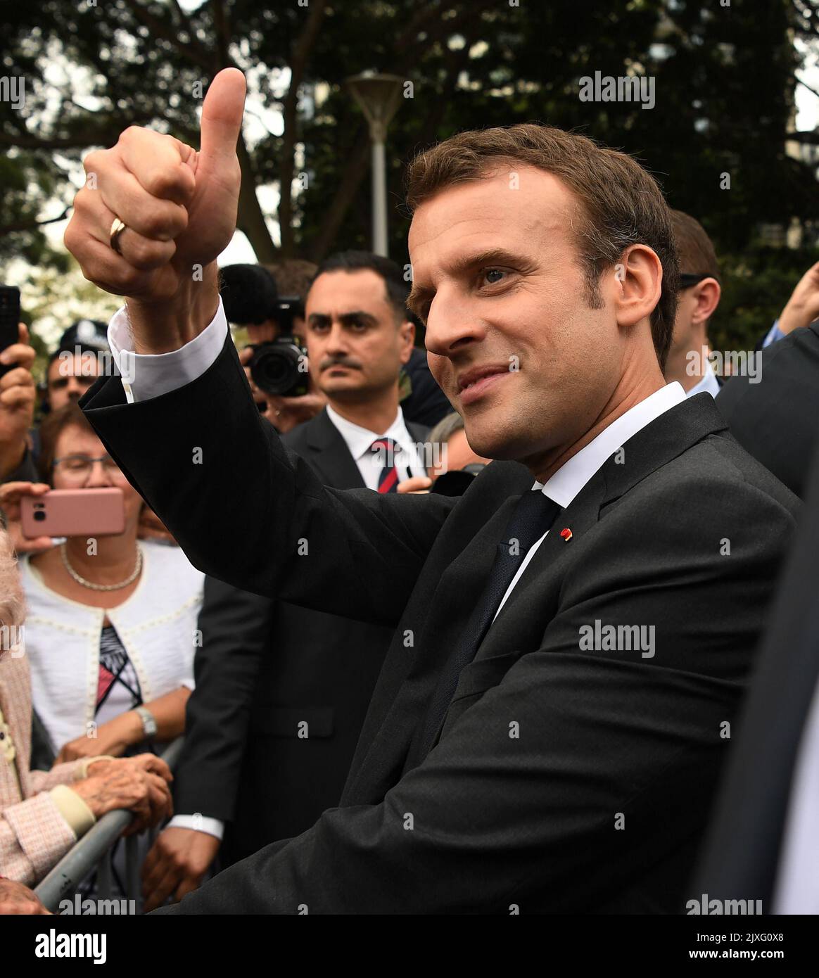 President of France Emmanuel Macron gestures to onlookers after a ...