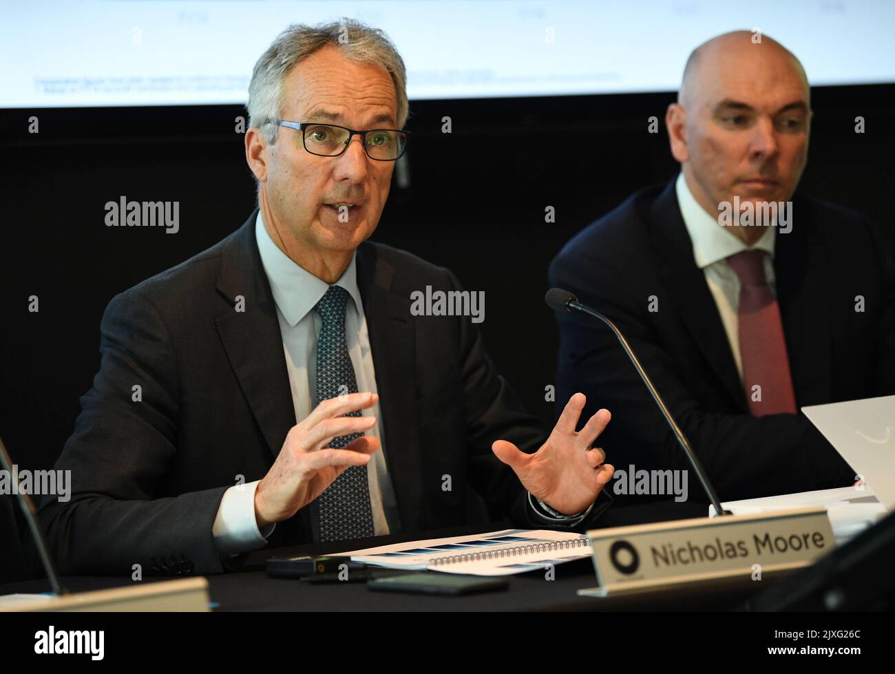 Macquarie Bank Chief Executive Officer Nicholas Moore gestures during a ...