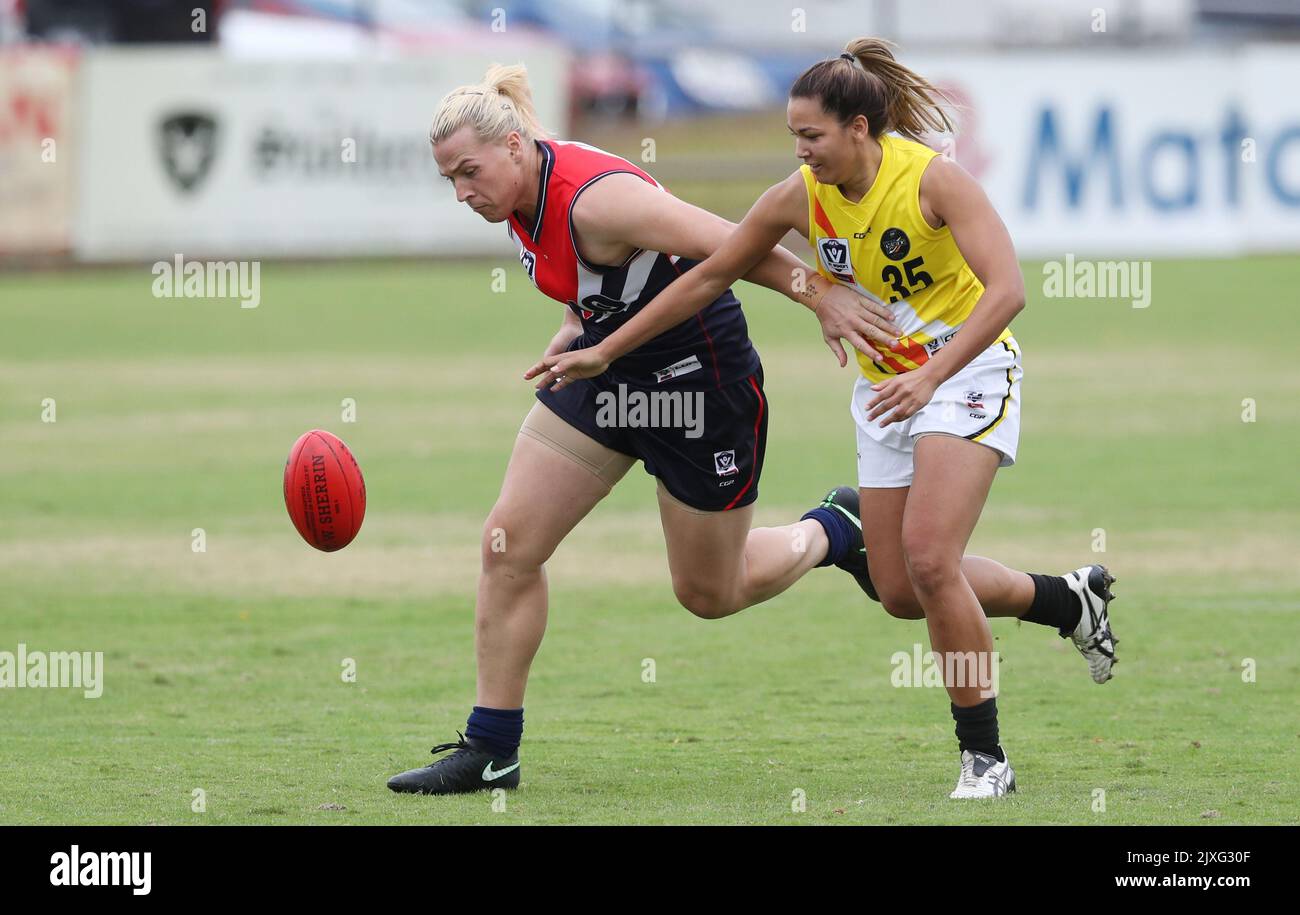 Transgender footballer Hannah Mouncey (L) playing in the VFLW Darabin ...