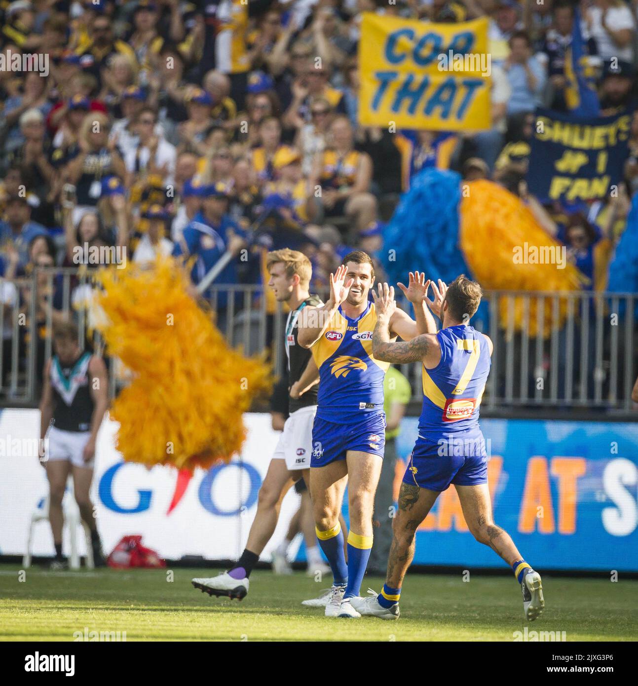 Jack Darling (left) and Chris Masten of the Eagles celebrate a goal ...
