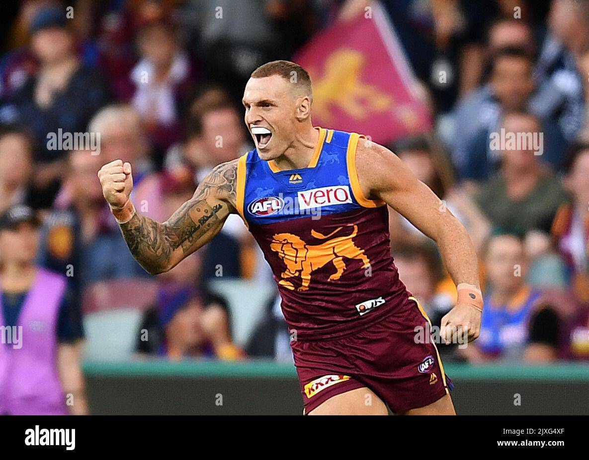 Mitch Robinson of the Lions celebrates scoring a goal during the Round ...
