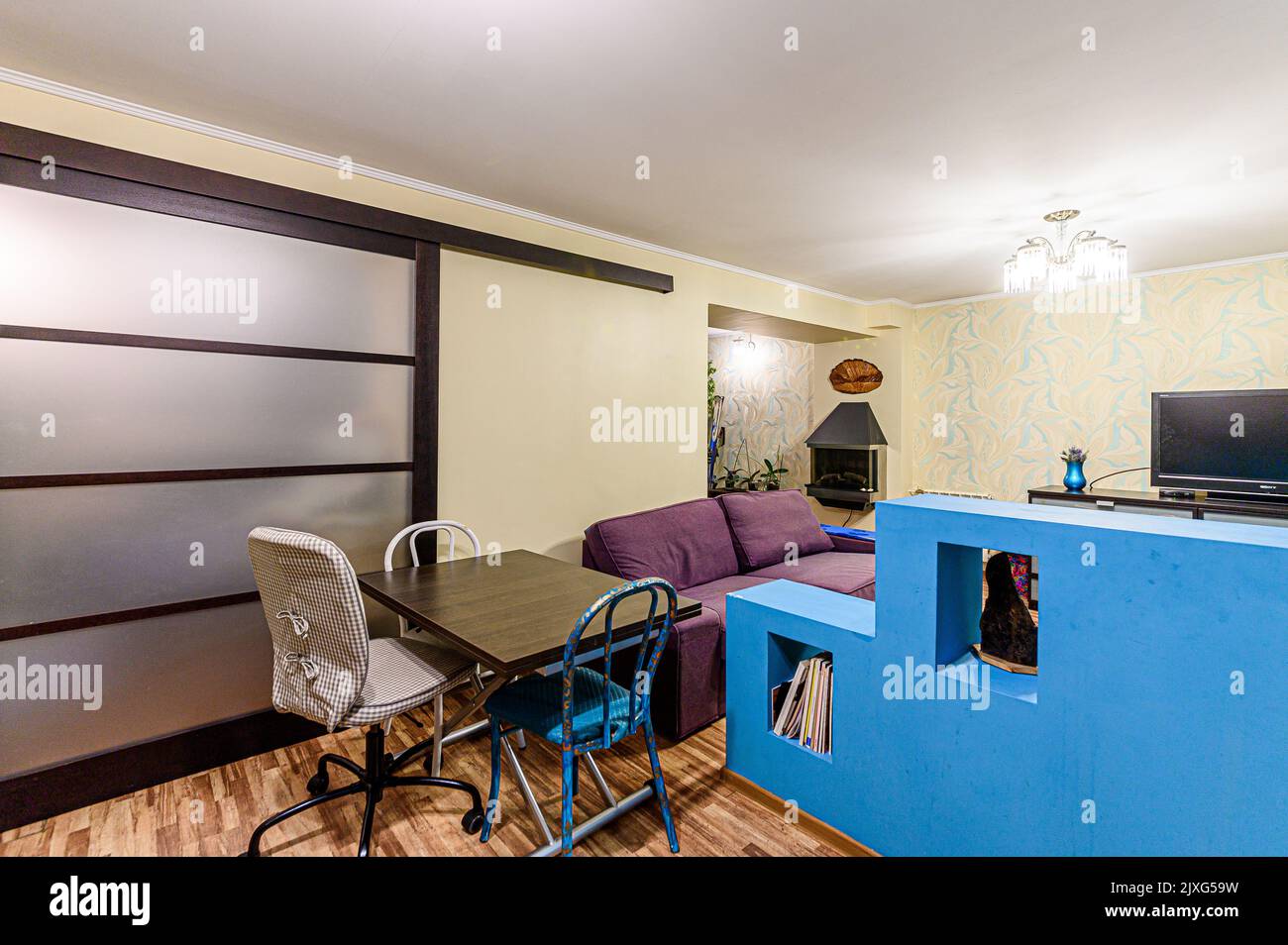 Russia, Moscow- May 21, 2020: interior apartment living room with sofa ...