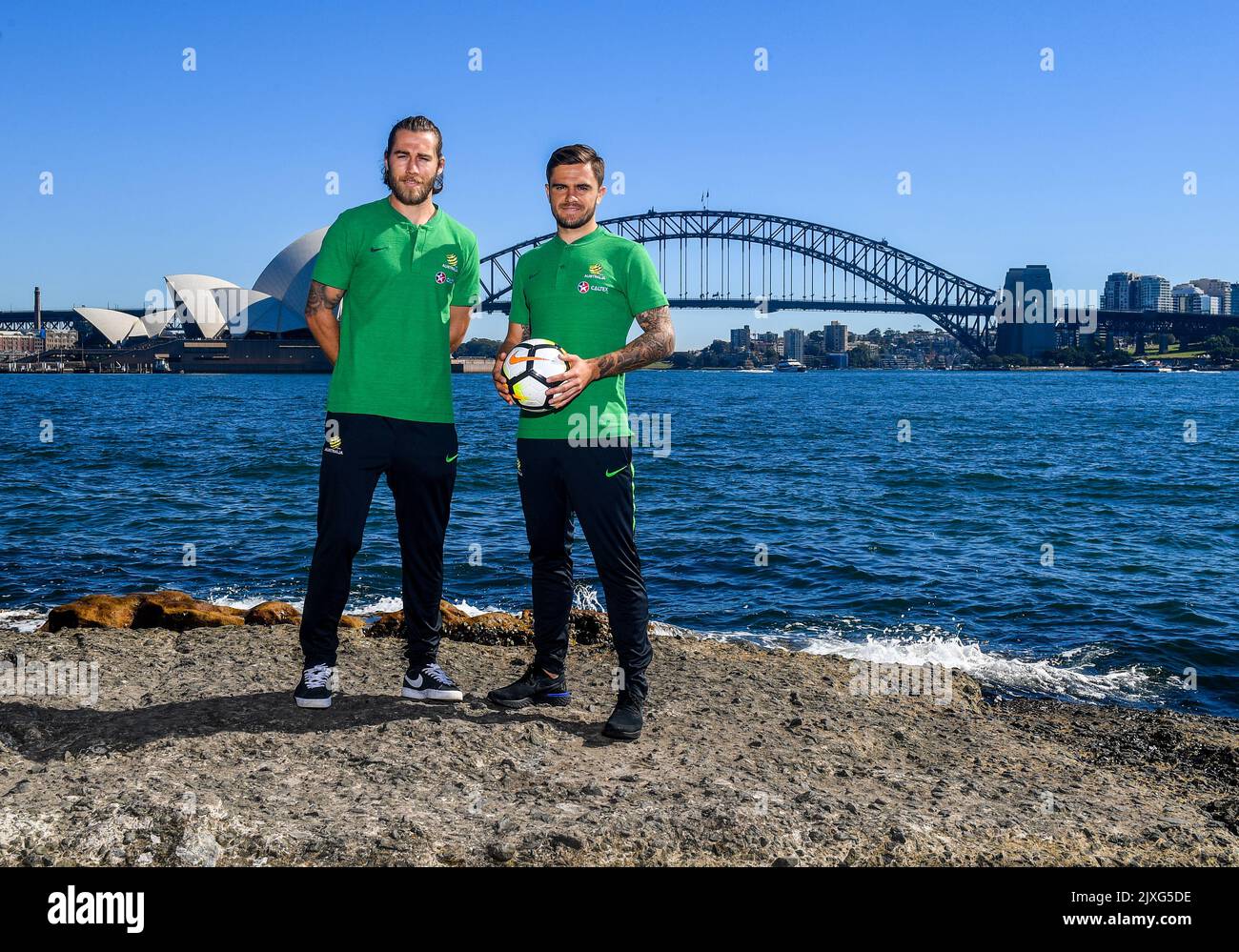Midfielder Josh Brillante (left) and defender Josh Risdon pose for a ...