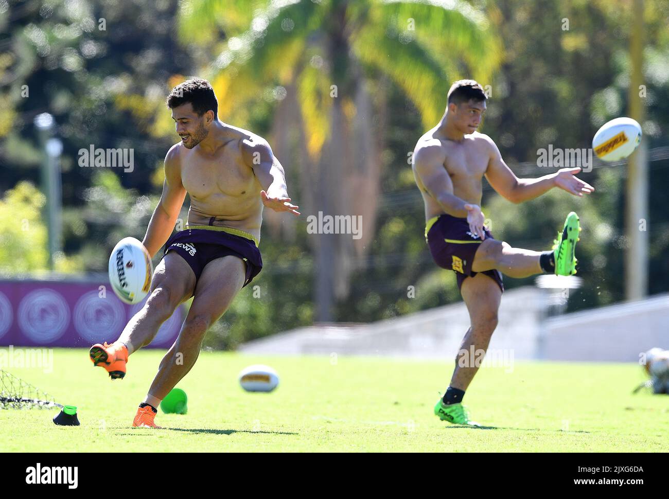 Jordan Kahu (left) kicks during a Brisbane Broncos training session at ...