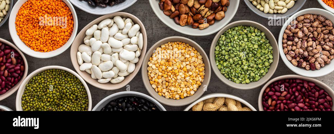 Banner of different types of legumes in bowls, green with yellow peas ...