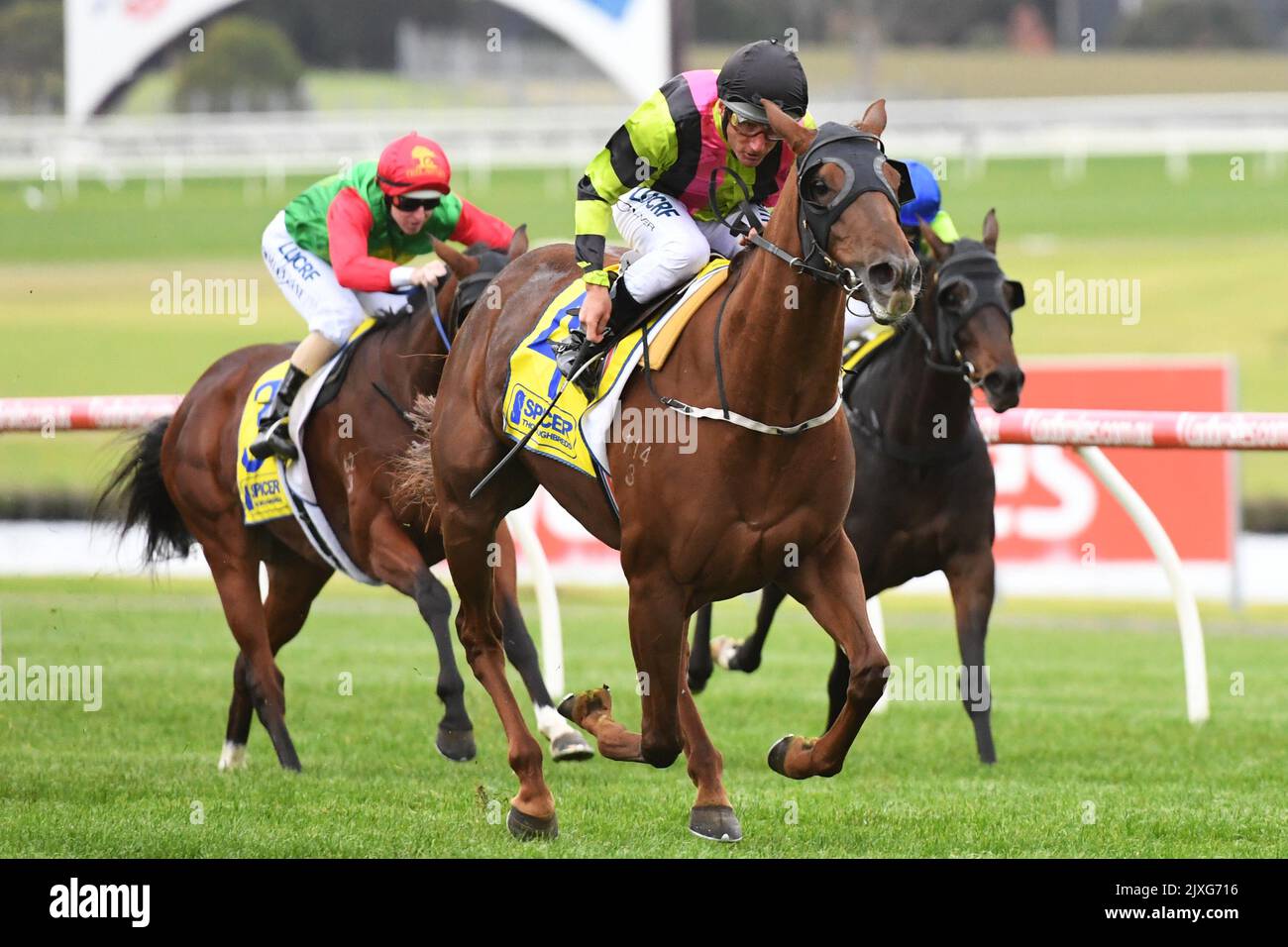 Jockey Damien Oliver (centre) rides Groovin to victory in race 5, the ...
