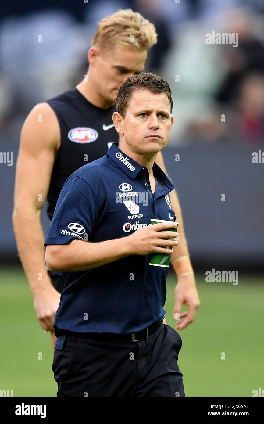 Blues coach Brendon Bolton is seen at the break during the Round 8 AFL ...