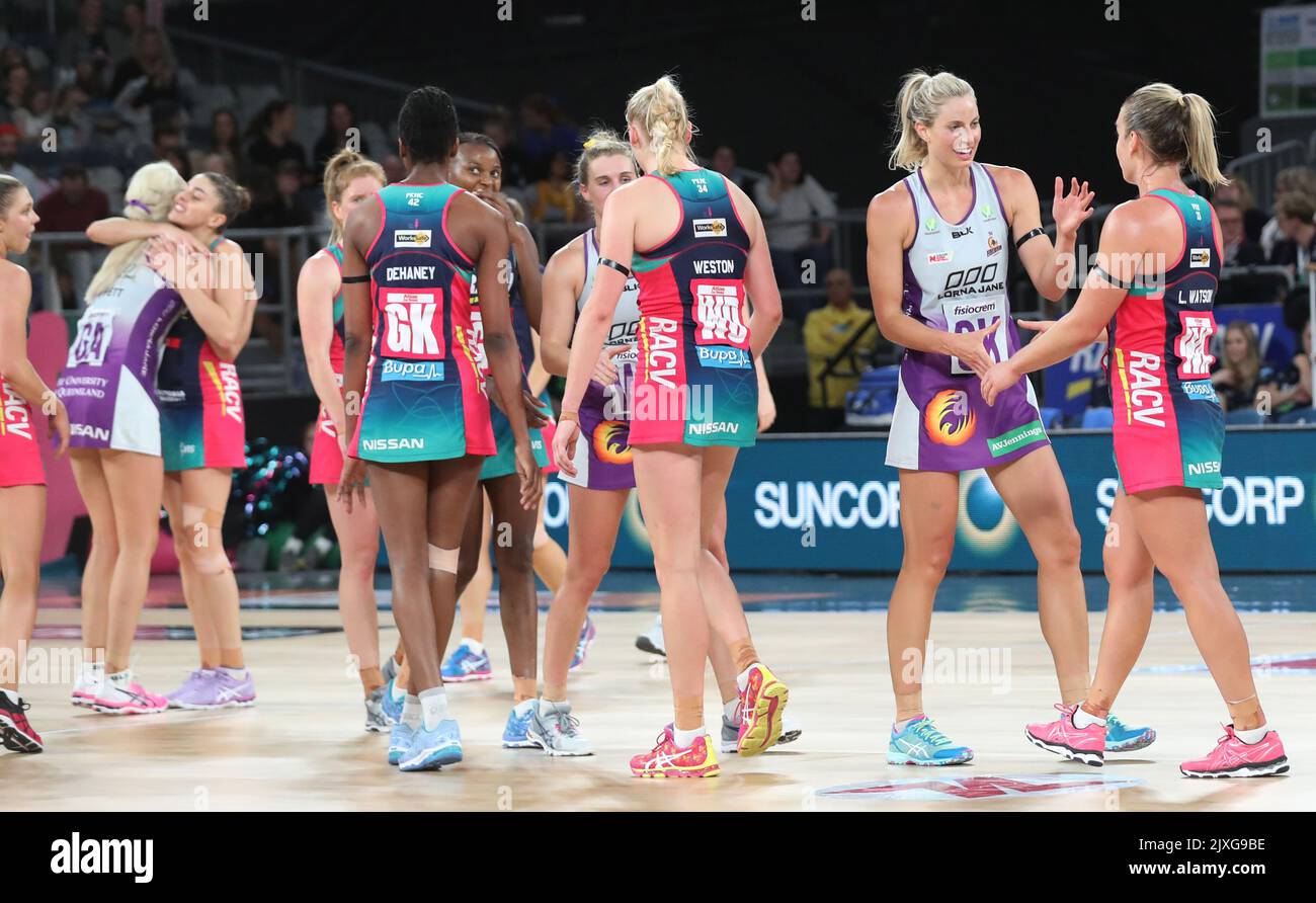 Firebirds and Vixens players shake hands following the Round 3 Super ...