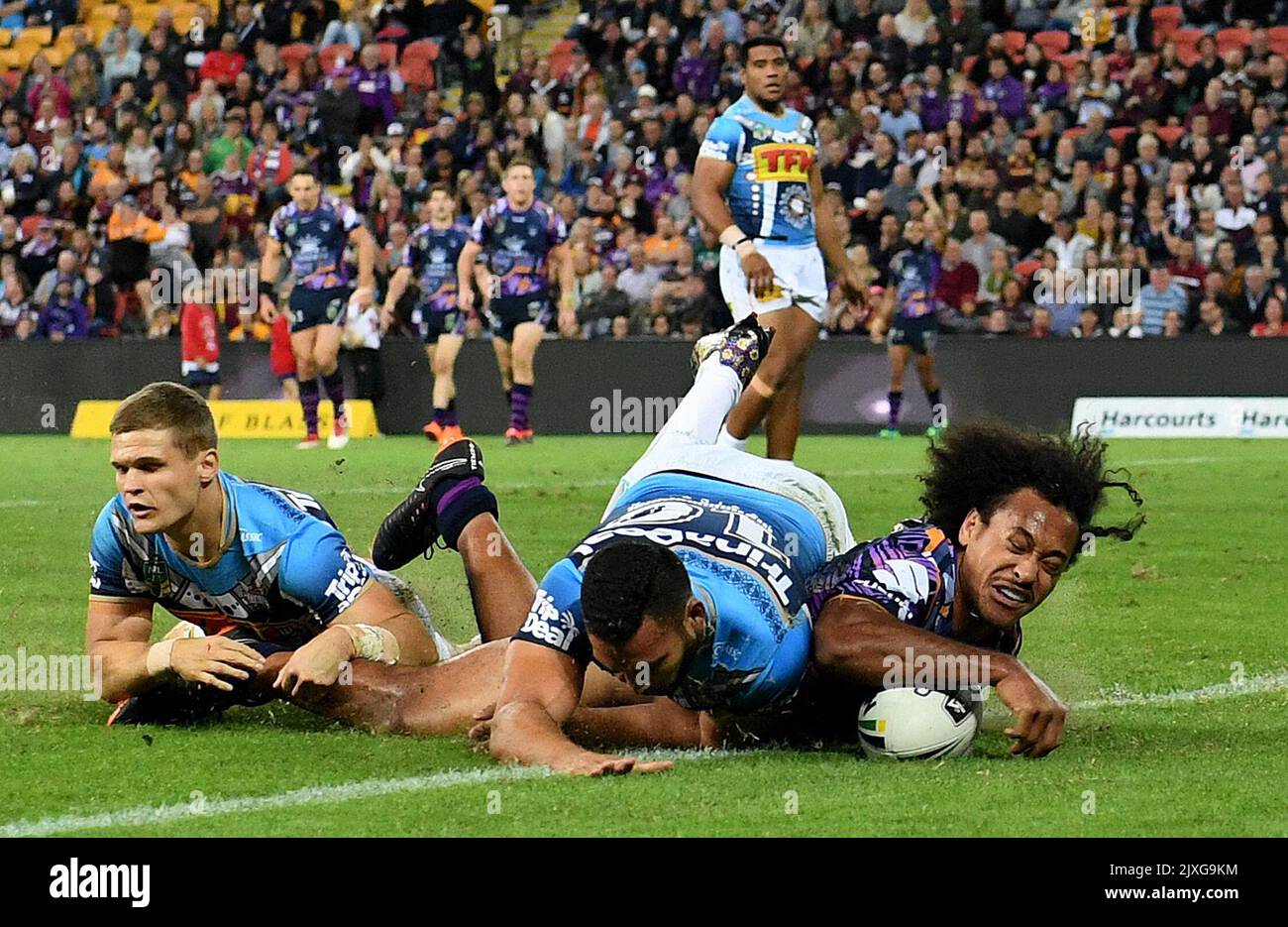 Felise Kaufusi of the Storm crosses over to score a try during the ...