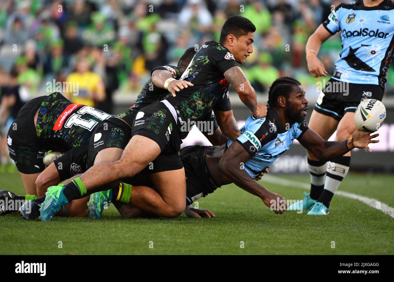 Sharks Edrick Lee gets a ball away during the Round 10 NRL match ...