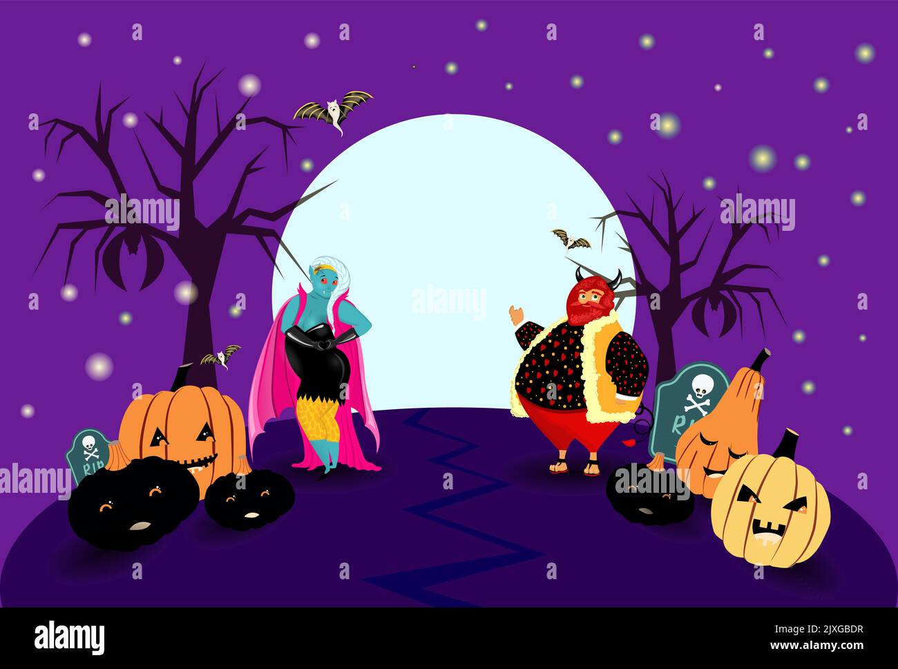 Halloween horizontal poster with vampires, pumpkins and devil. Bright ...