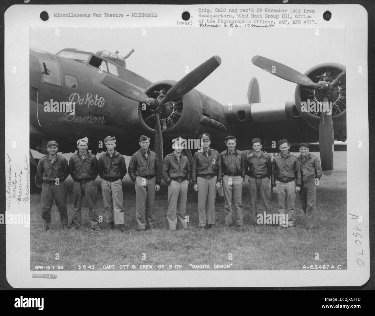 Captain Ott And Crew Of The 92Nd Bomb Group Beside The Boeing B-17 ...