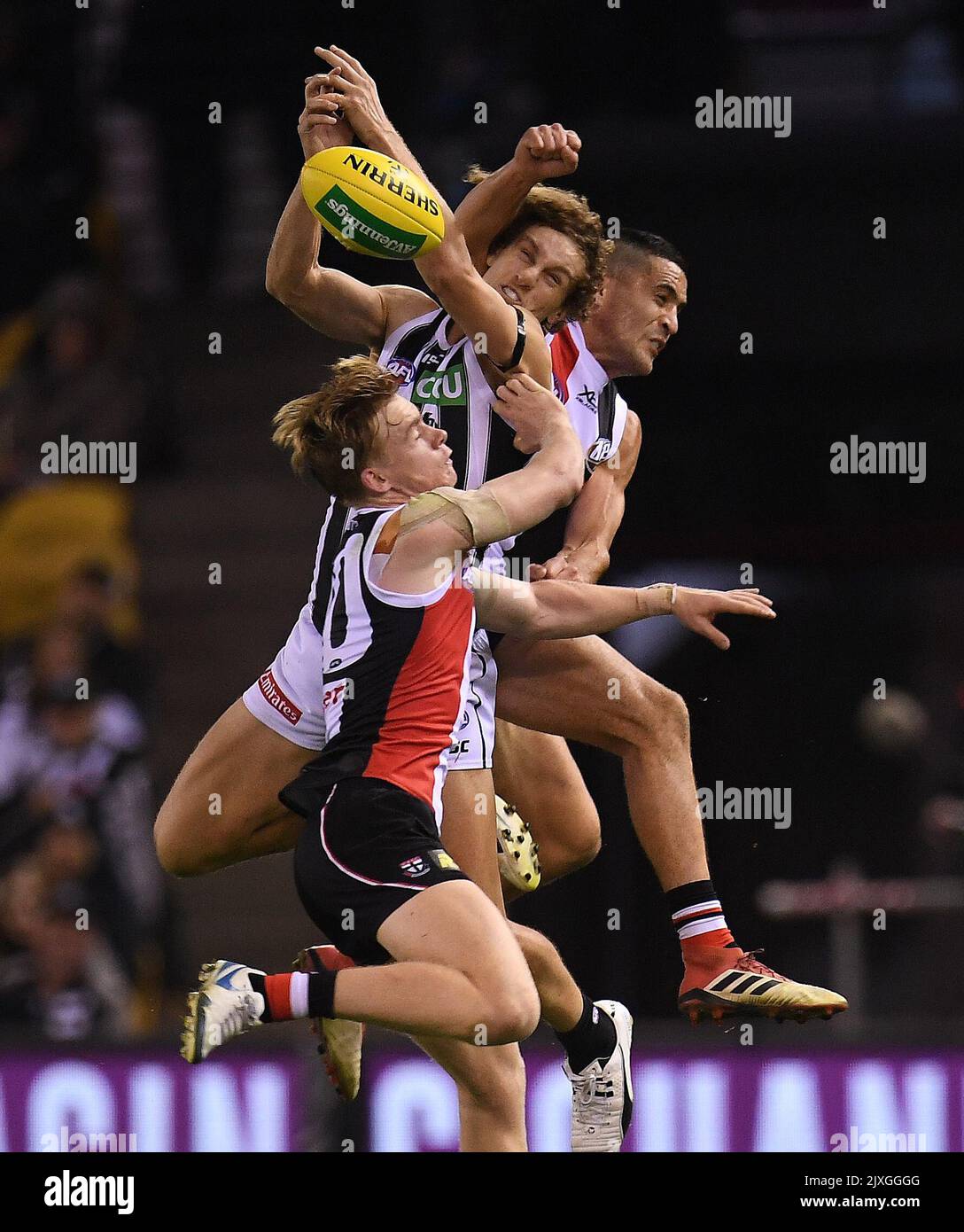 Chris Mayne of the Magpies (centre) and Ed Phillips (left) and Shane ...
