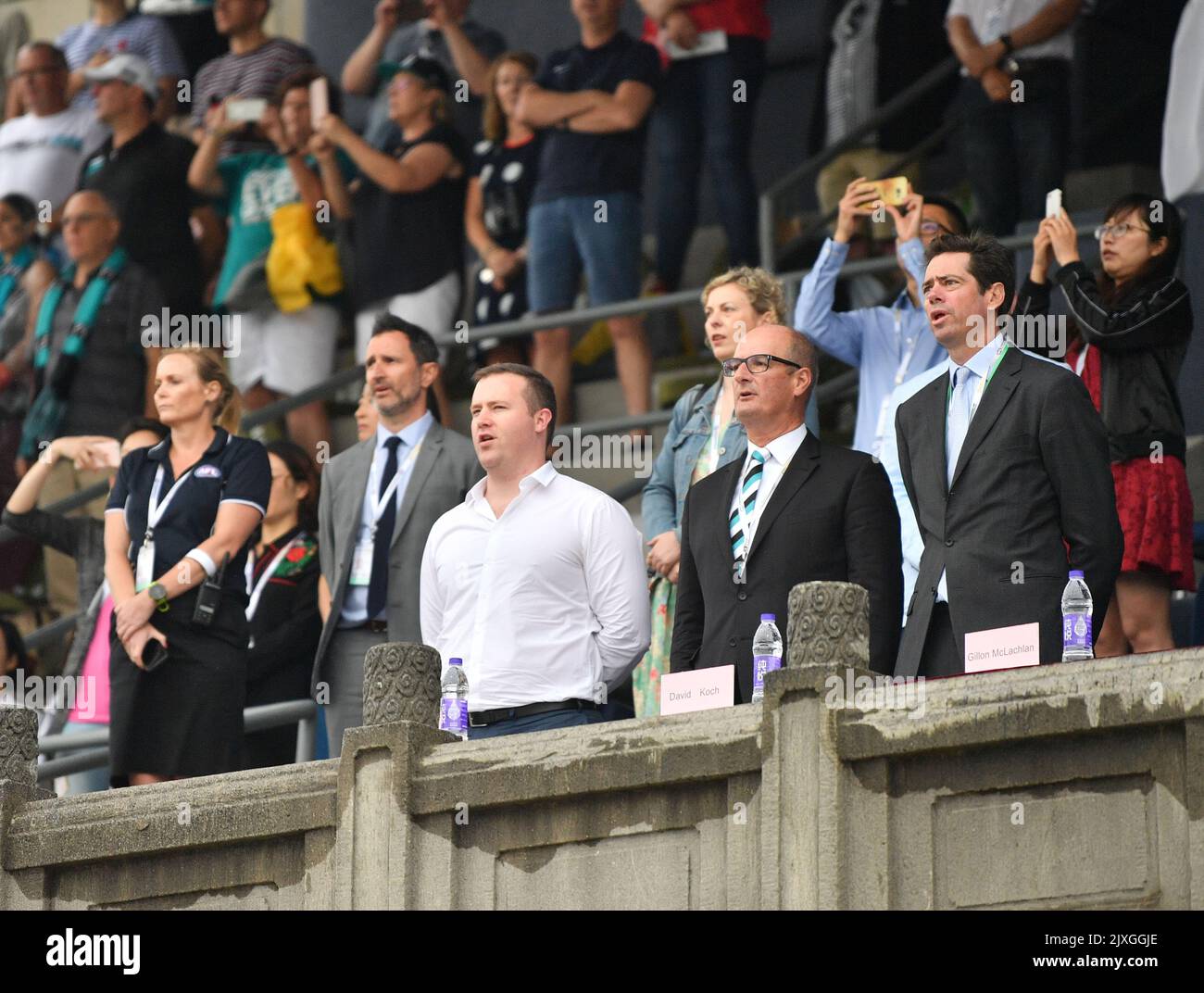 David Koch and Gillion McLachlan are seen during the Round 9 AFL match ...