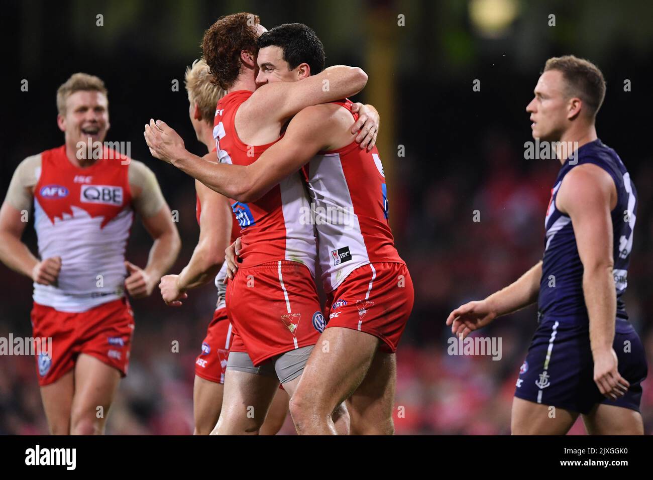 Tom McCartin of the Swans celebrates his goal with Gary Rohan as ...