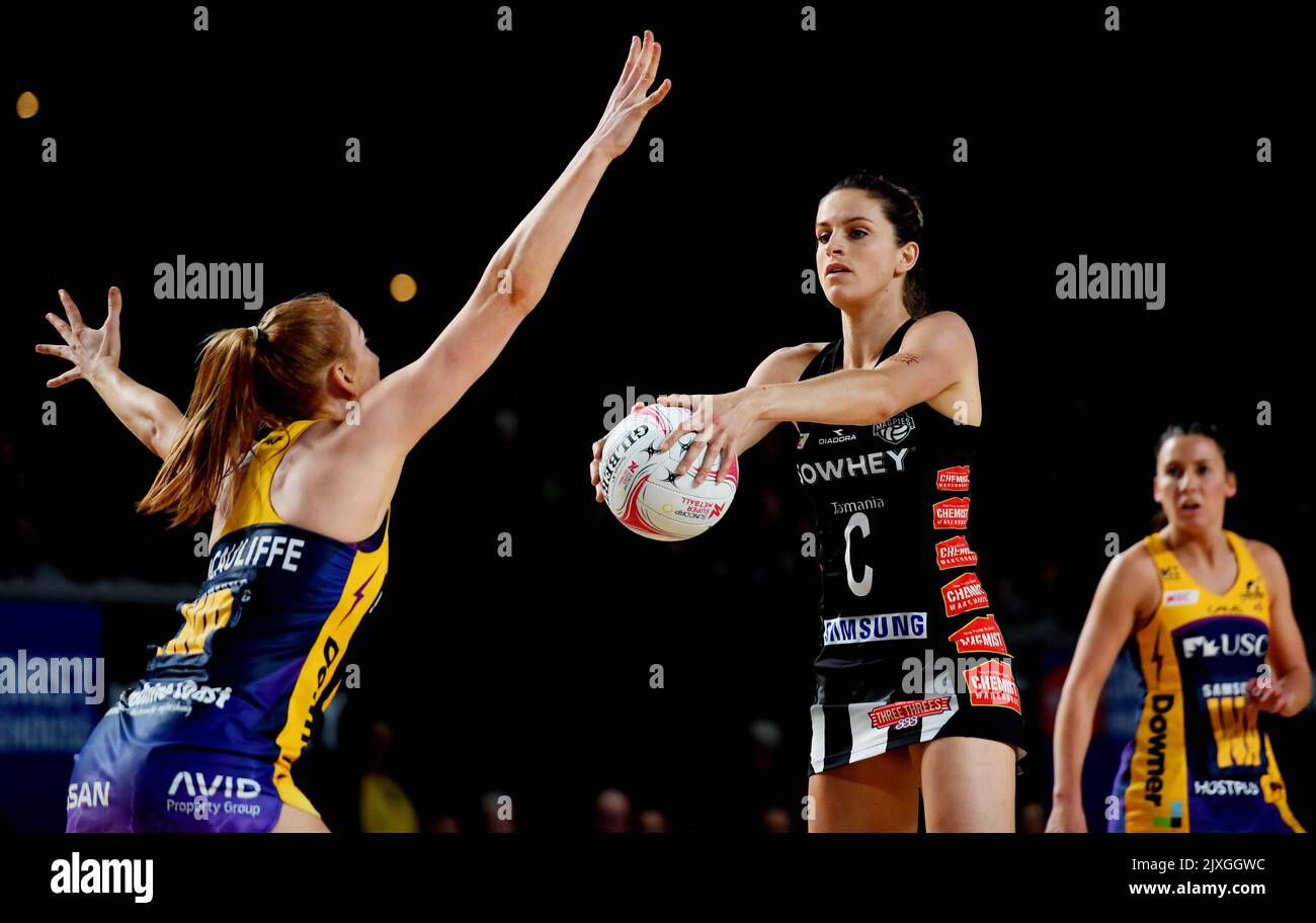 Shae Brown of the Magpies passes during the Round 4 Super Netball match ...