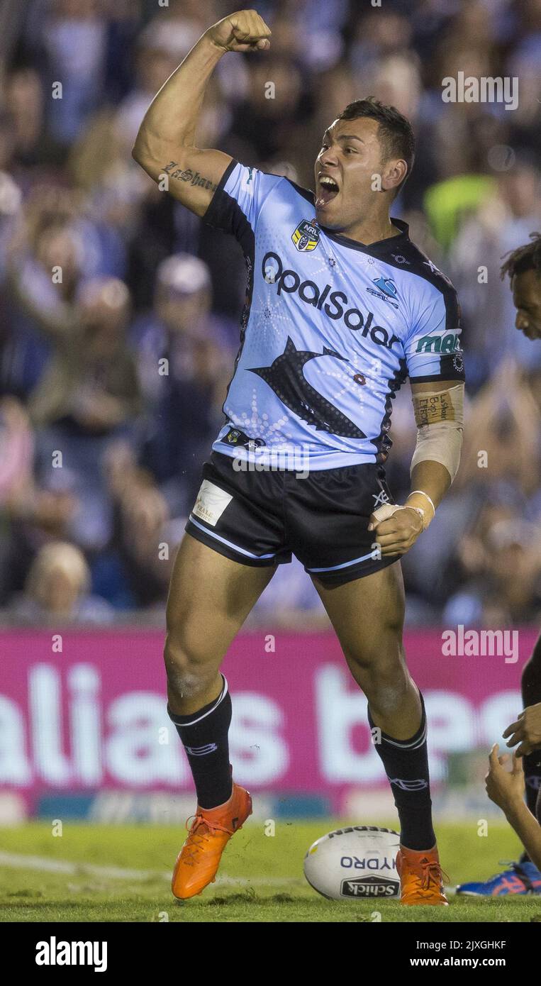 Jesse Ramien of the Sharks scores during the Round 11 NRL match between ...
