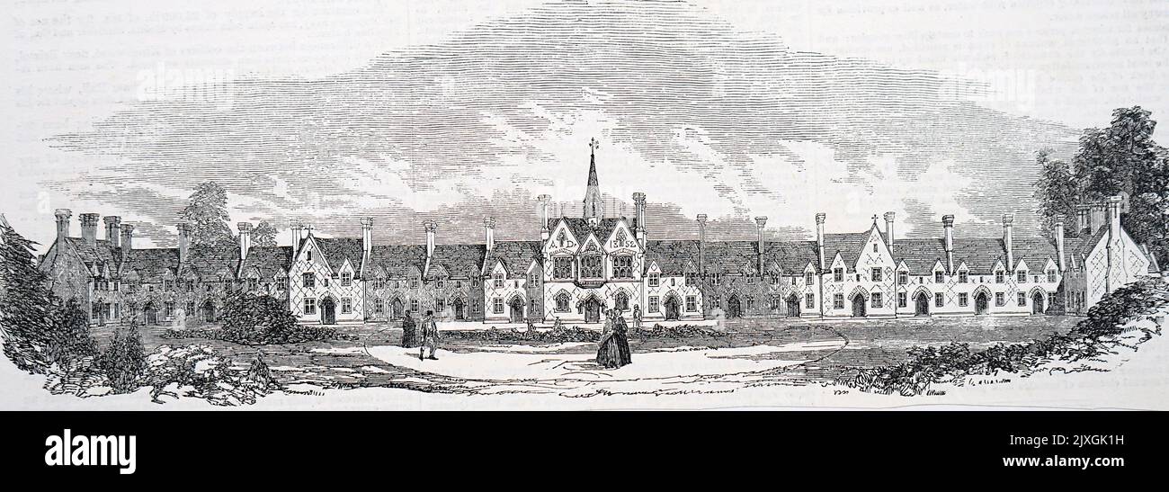 Illustration depicting the façade of the St Pancras Almshouses, Grafton ...