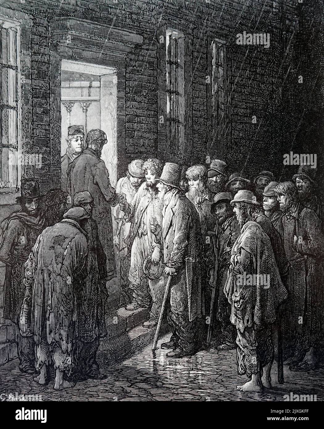 Illustration depicting a destitute men applying for admittance to a ...